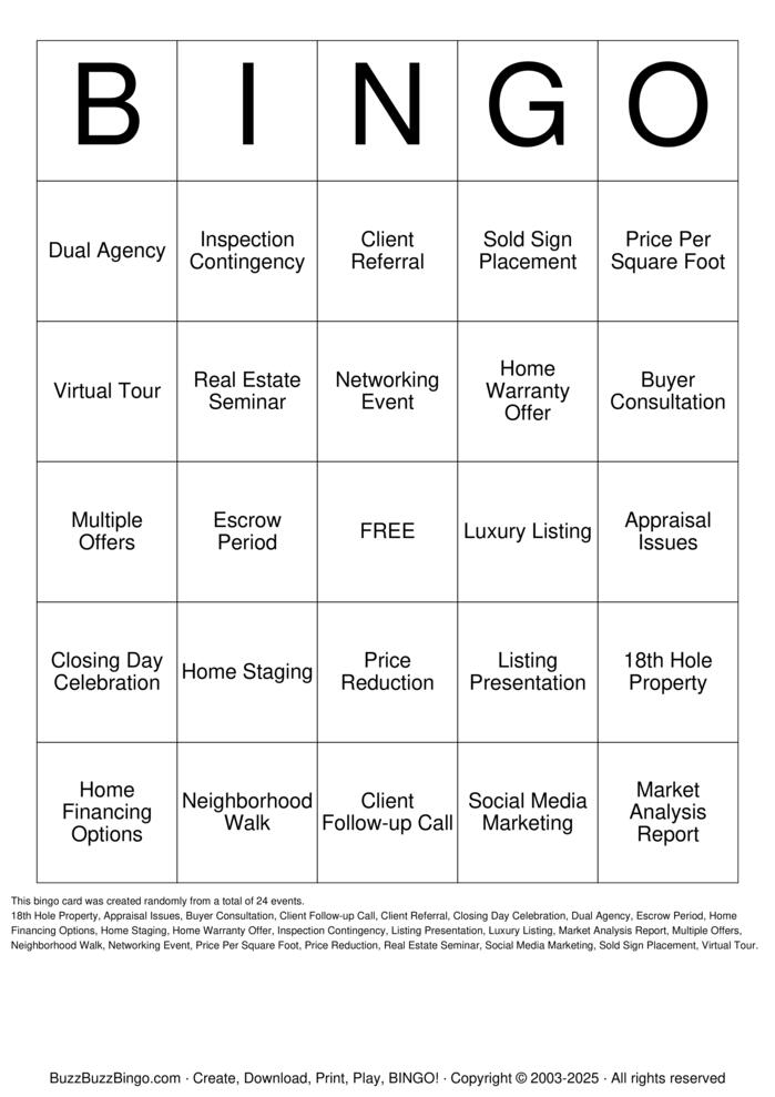 Real Estate Bingo Bingo Cards to Download, Print and Customize!