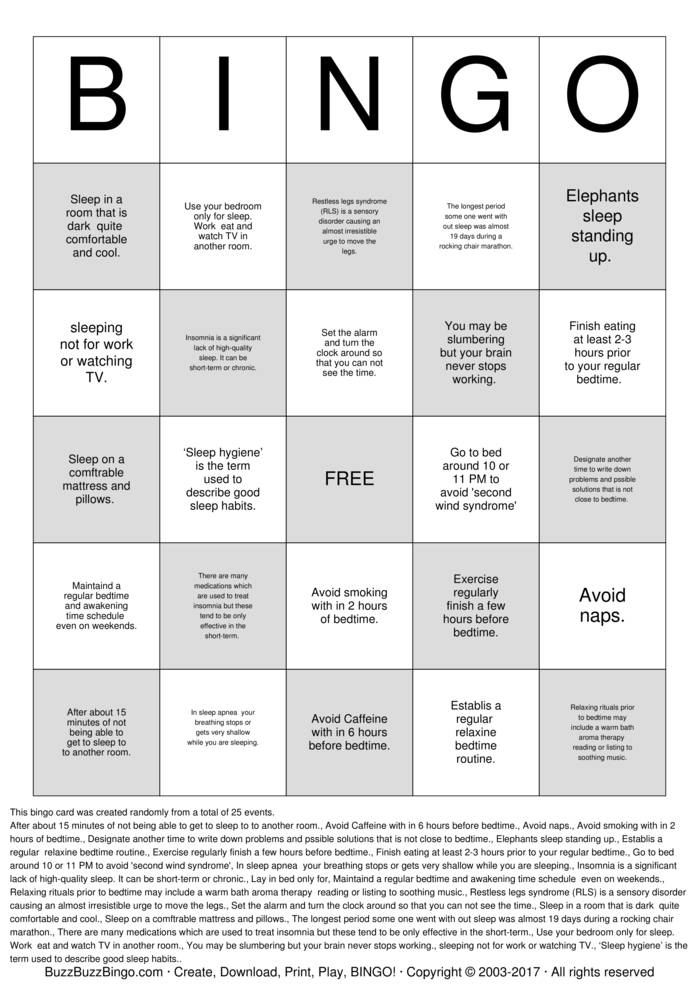 Sleep BINGO Bingo Cards to Download, Print and Customize!