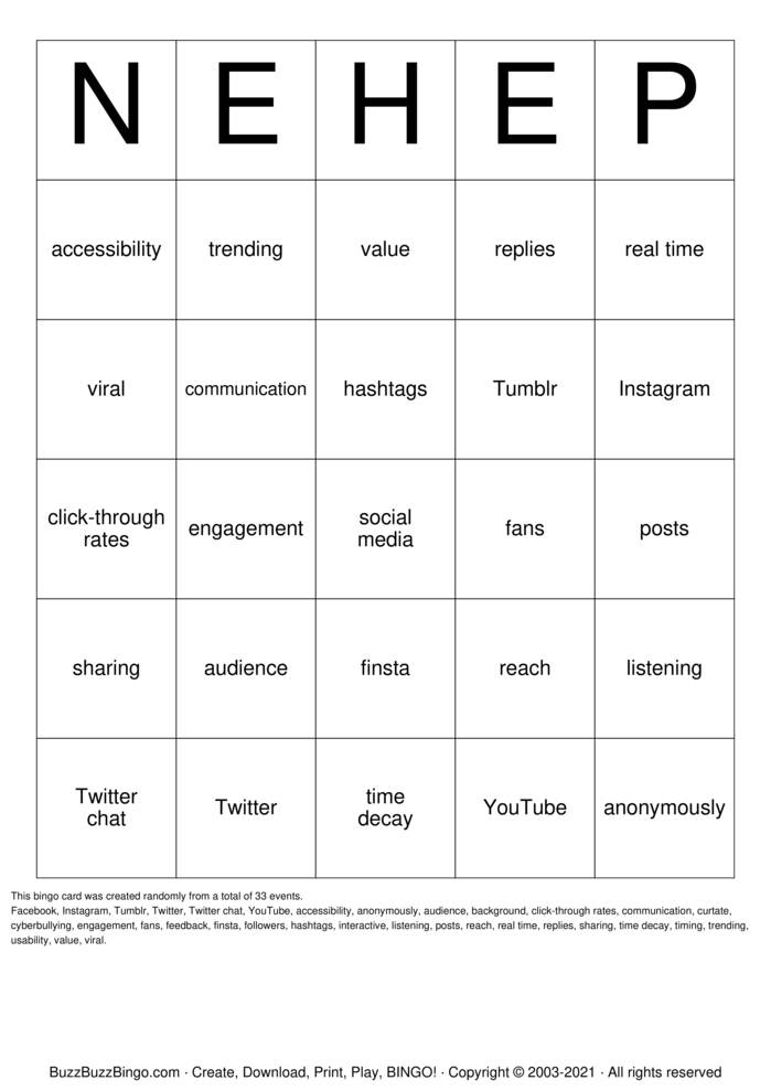 Social Media Bingo! Bingo Cards to Download, Print and Customize!