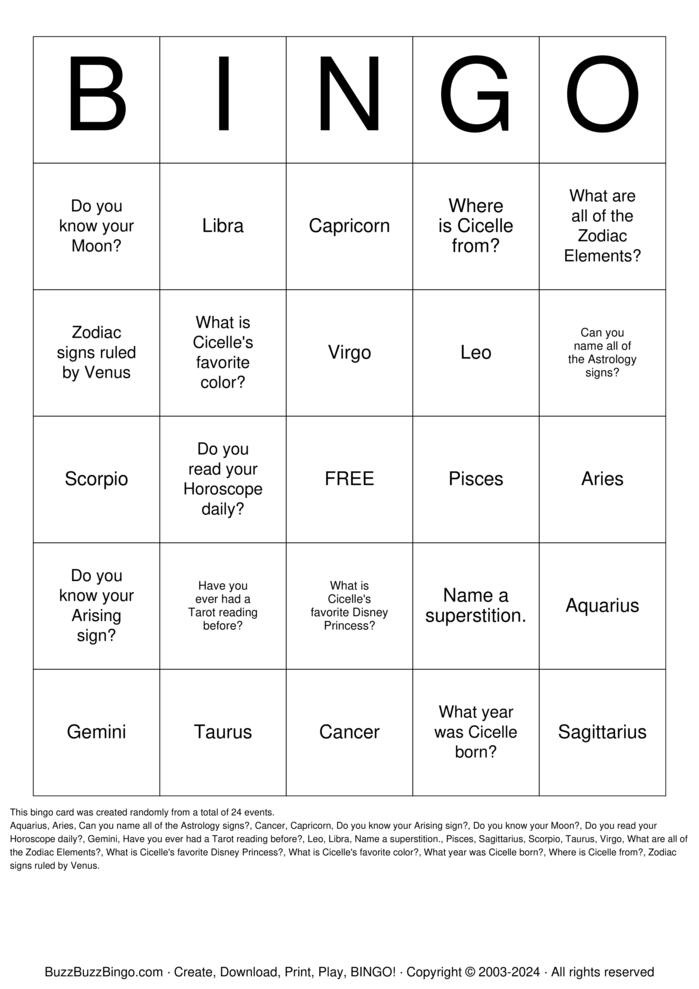 Zodiac Bingo Cards to Download, Print and Customize!