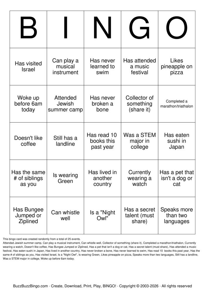 ADAT SHALOM HUMAN BINGO Bingo Cards to Download, Print and Customize!