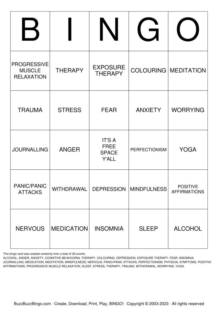 ANXIETY BINGO Bingo Cards to Download, Print and Customize!