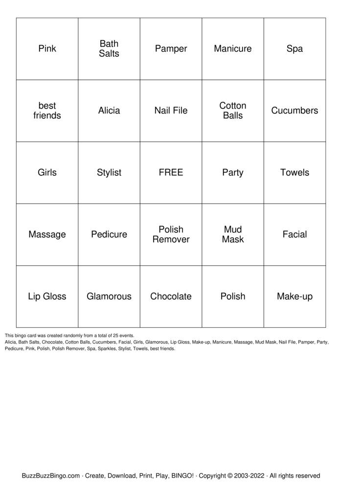 Alicia's Spa Party Bingo Cards to Download, Print and Customize!