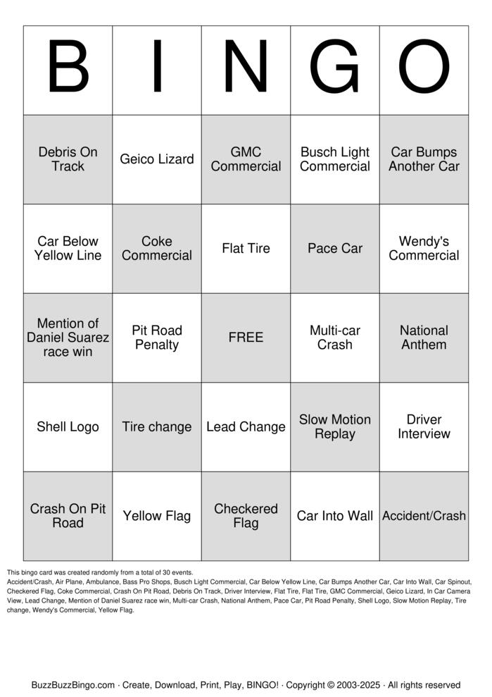 Atlanta Motor Speedway Bingo Cards to Download, Print and Customize!