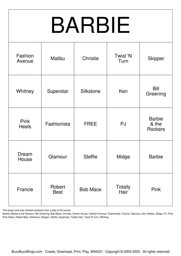 Barbie Bingo Cards to Download, Print and Customize!