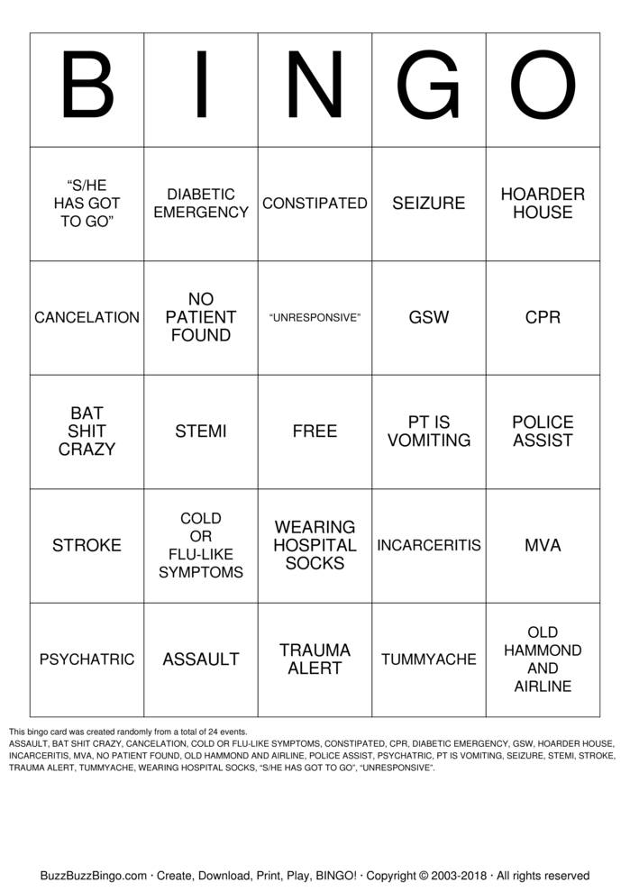 EMS Bingo Cards to Download, Print and Customize!