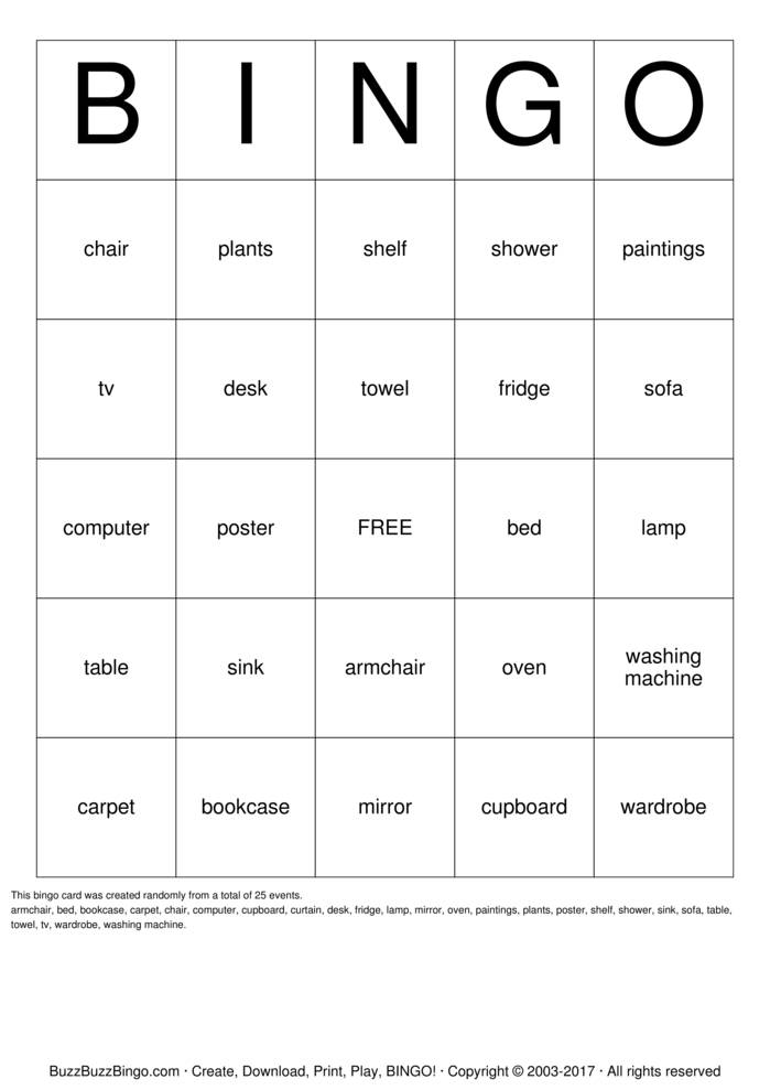 Furniture Bingo Bingo Cards to Download, Print and Customize!