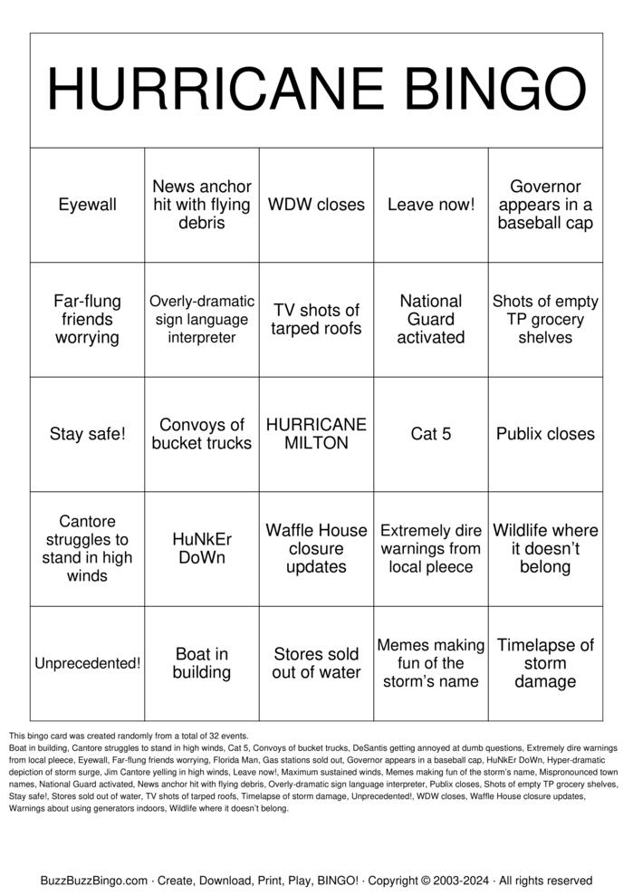HURRICANE BINGO Bingo Cards to Download, Print and Customize!