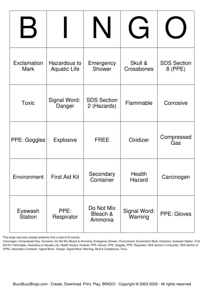 HazCom - GHS Bingo Cards to Download, Print and Customize!