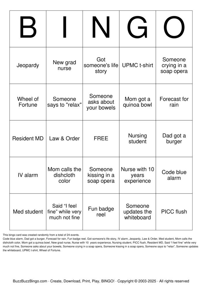 Hospital Bingo Cards to Download, Print and Customize!