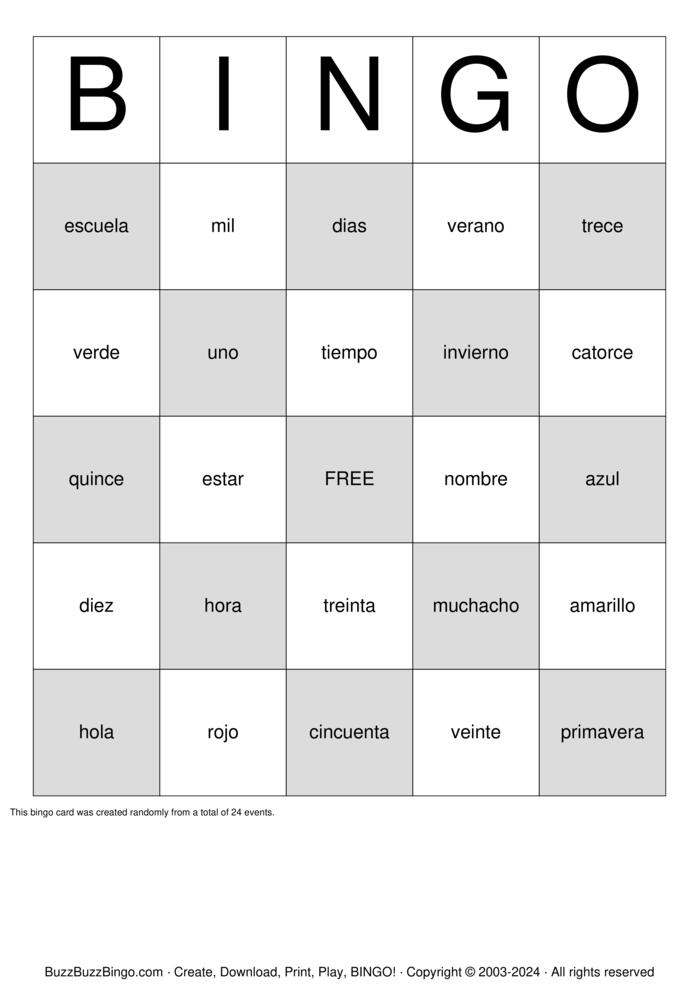 La clase de espanol Bingo Cards to Download, Print and Customize!