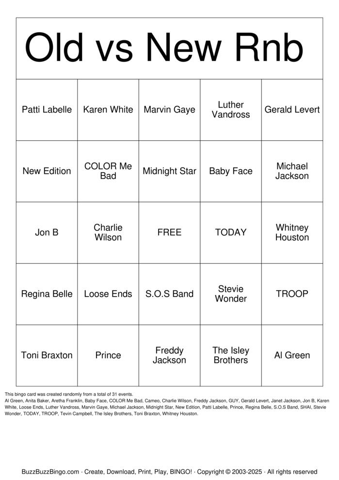 Old School RnB Bingo Bingo Cards to Download, Print and Customize!