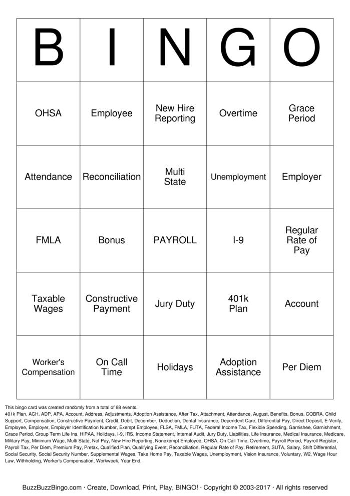 PAYROLL Bingo Cards to Download, Print and Customize!