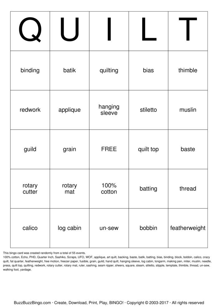QUILT Bingo Cards to Download, Print and Customize!