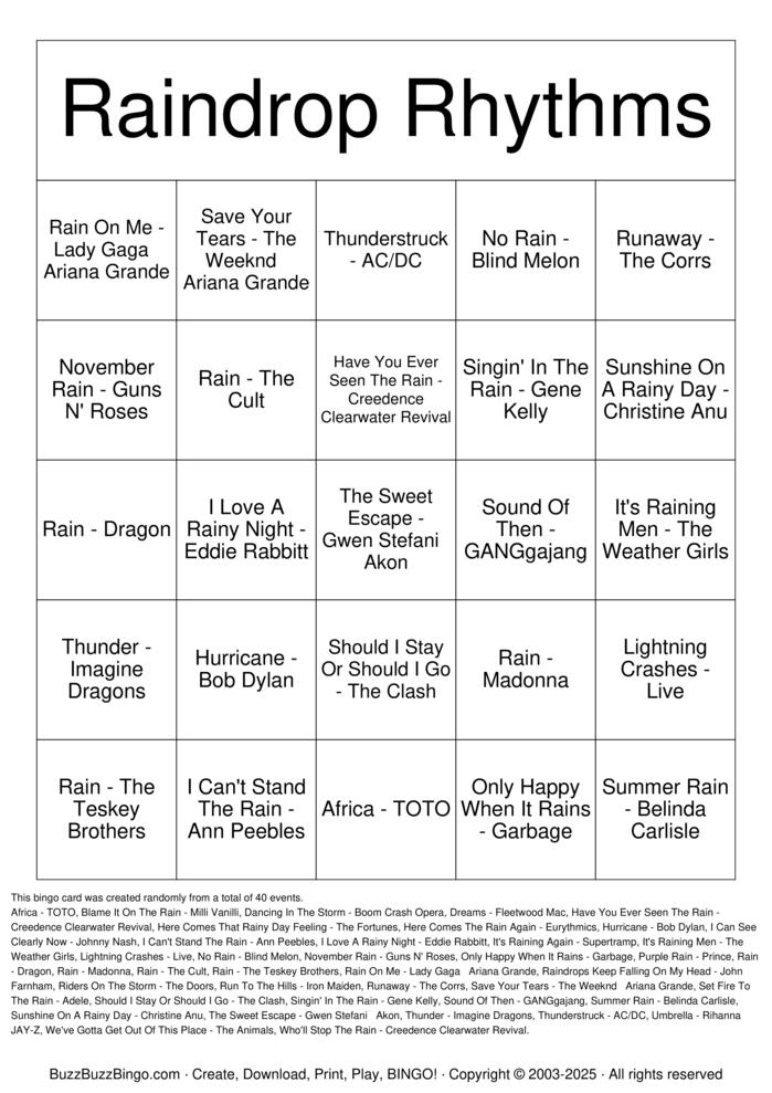 Raindrop Rhythms Bingo Cards to Download, Print and Customize!