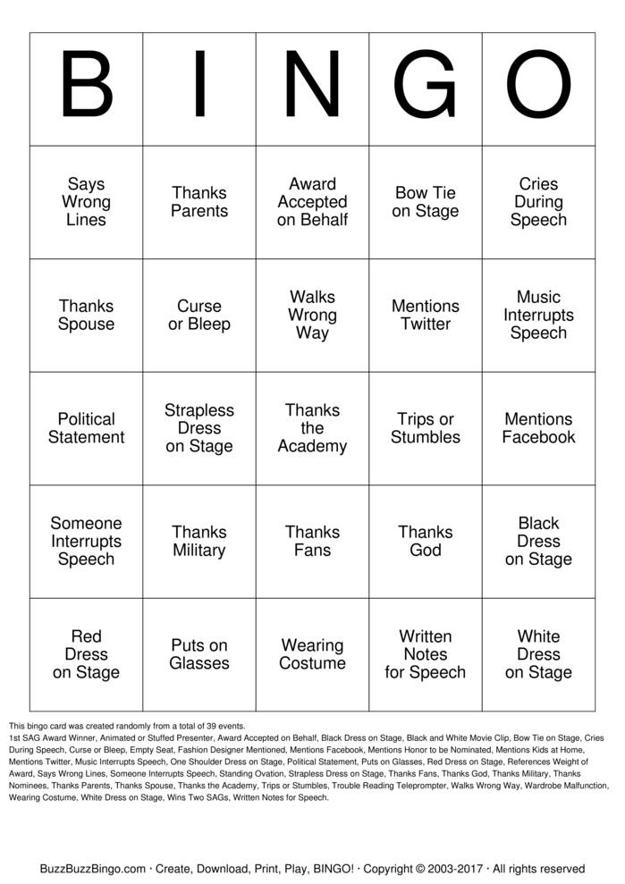 Screen Actors Guild Bingo Cards to Download, Print and Customize!