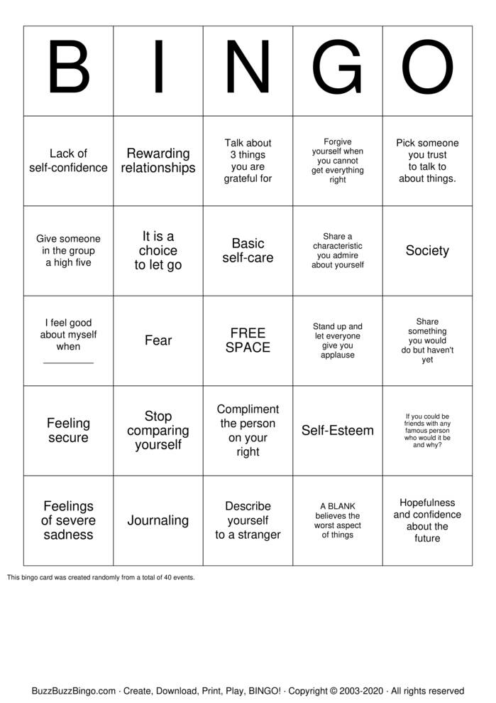 Self-Esteem Bingo Cards to Download, Print and Customize!