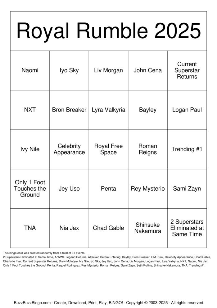 WWE Mens Royal Rumble Bingo Cards to Download, Print and Customize!