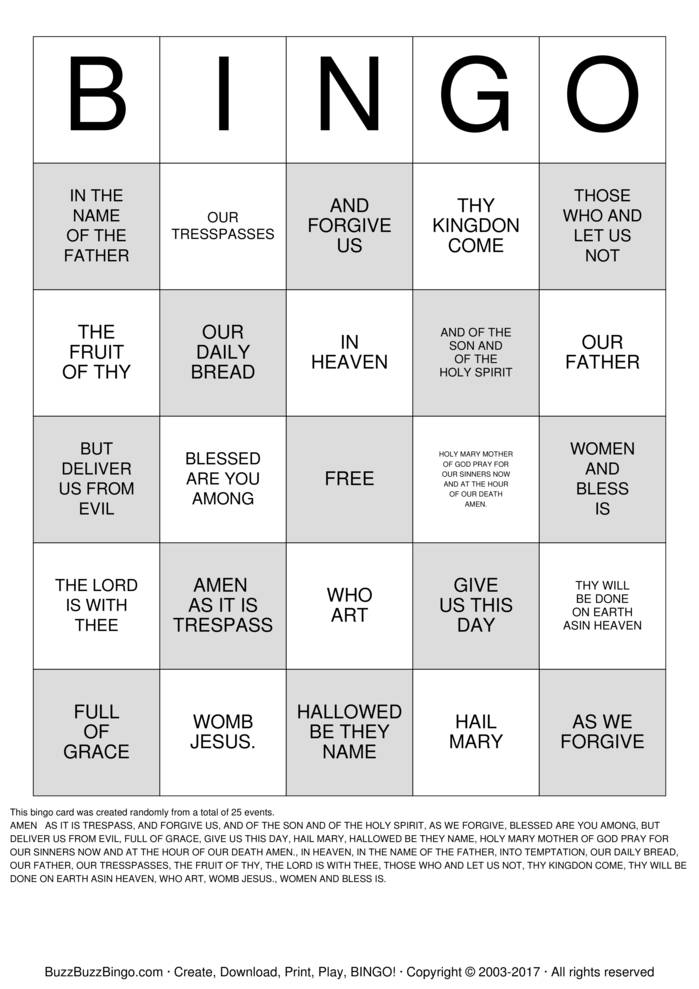 the lords prayer Bingo Cards to Download, Print and Customize!
