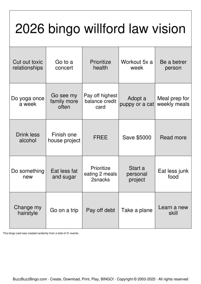 2026 bingo willford law vision board Bingo Cards to Download, Print and ...