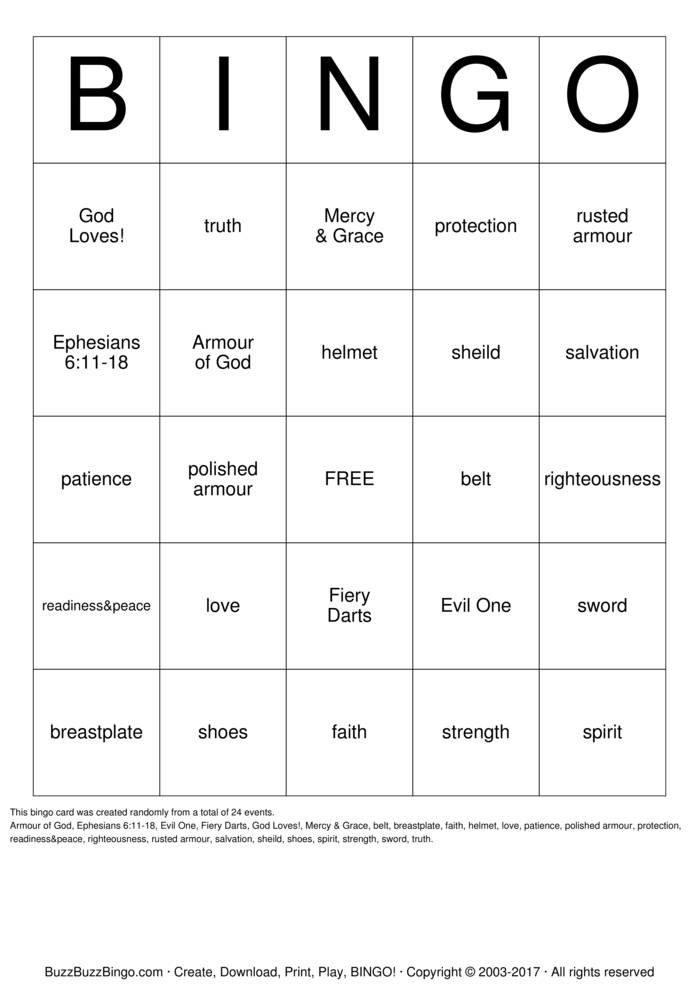 Armour of God Bingo Cards to Download, Print and Customize!