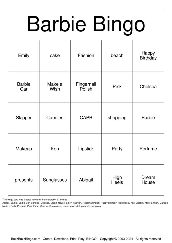 Barbie Bingo Cards to Download, Print and Customize!