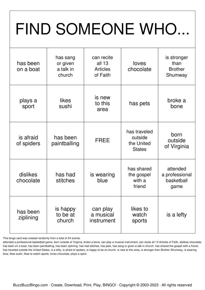 Find Someone Who.. Bingo Cards to Download, Print and Customize!