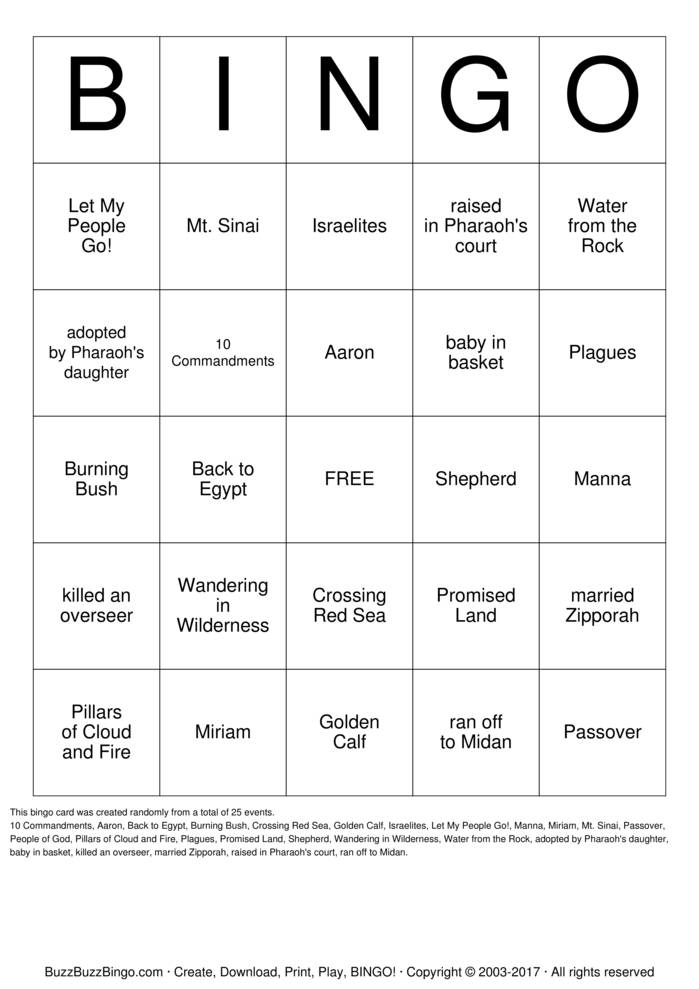 Moses Bingo Cards to Download, Print and Customize!