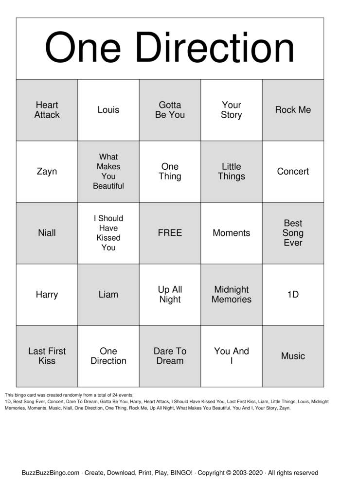 One Direction Bingo Bingo Cards to Download, Print and Customize!