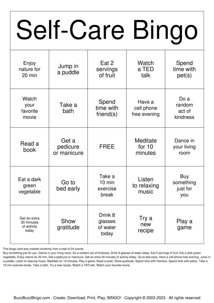 Self-Care Bingo Bingo Cards to Download, Print and Customize!