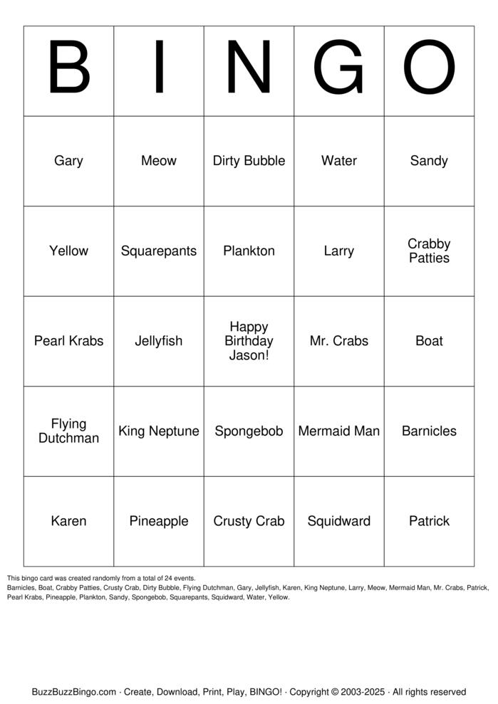 SpongeBob Bingo Cards to Download, Print and Customize!