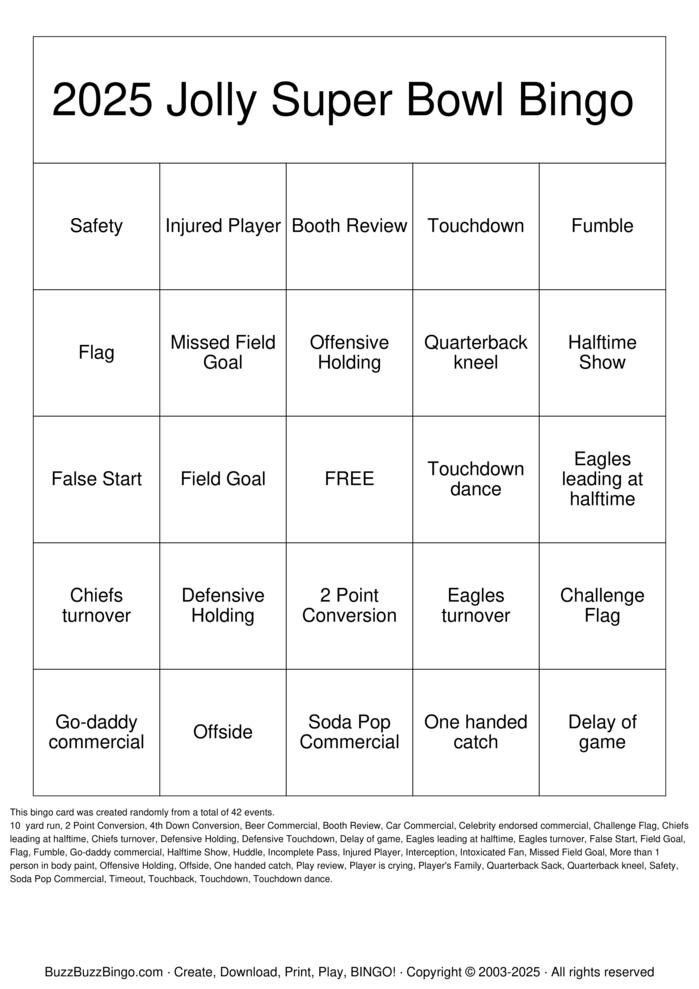 Super Bowl 2025 Bingo Cards to Download, Print and Customize!