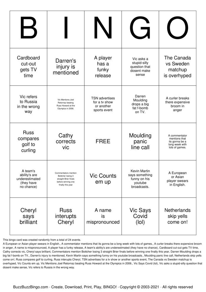 World Mens Curling 2021 Bingo Cards to Download, Print and Customize!