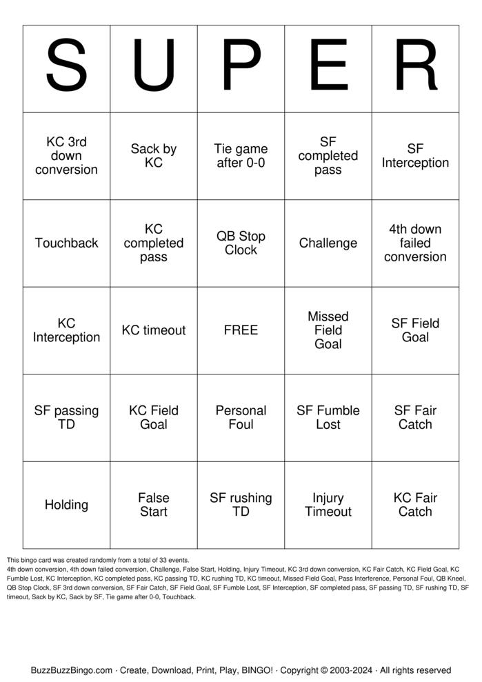 2024 SUPERbowl SF vs KC Bingo Cards to Download, Print and Customize!