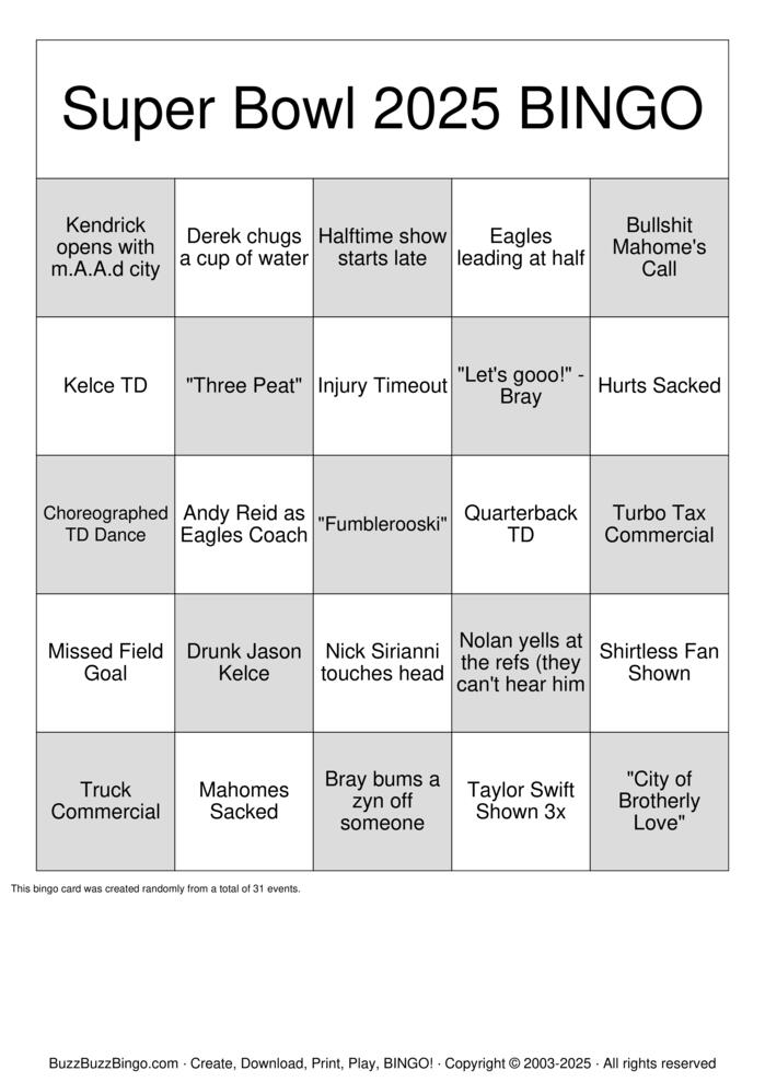2025 Super Bowl KC vs PHI Bingo Cards to Download, Print and Customize!