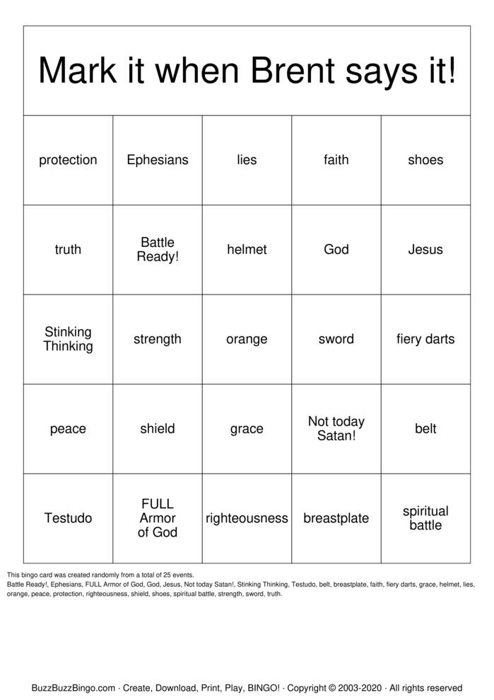 Armor of God Bingo Cards to Download, Print and Customize!