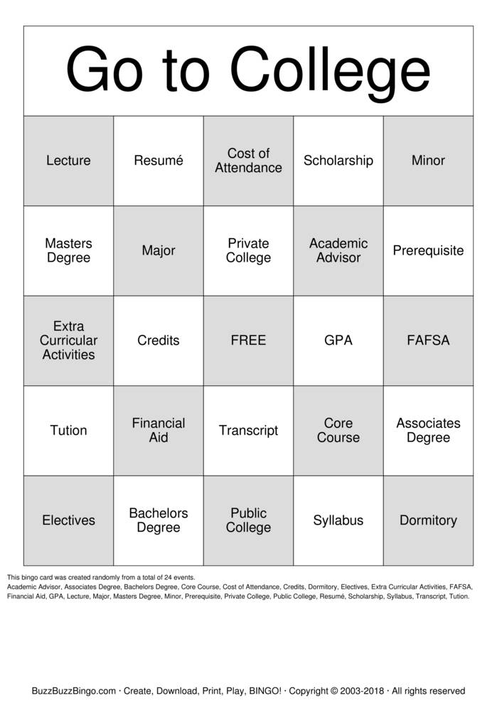 College 101 Bingo Cards to Download, Print and Customize!