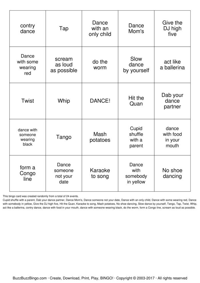 DANCE Bingo Cards to Download, Print and Customize!