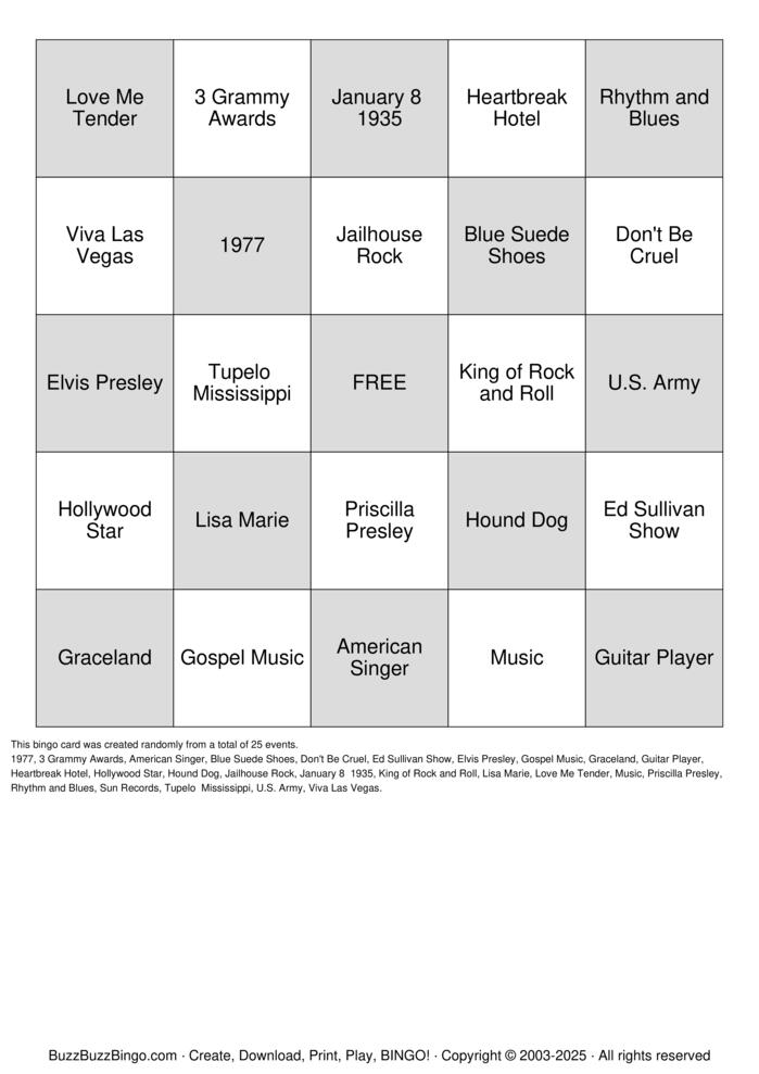 Elvis Presley songs Bingo Cards to Download, Print and Customize!