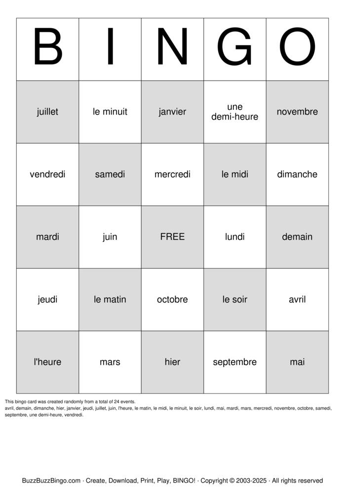 French Time and Date Words Bingo Cards to Download, Print and Customize!