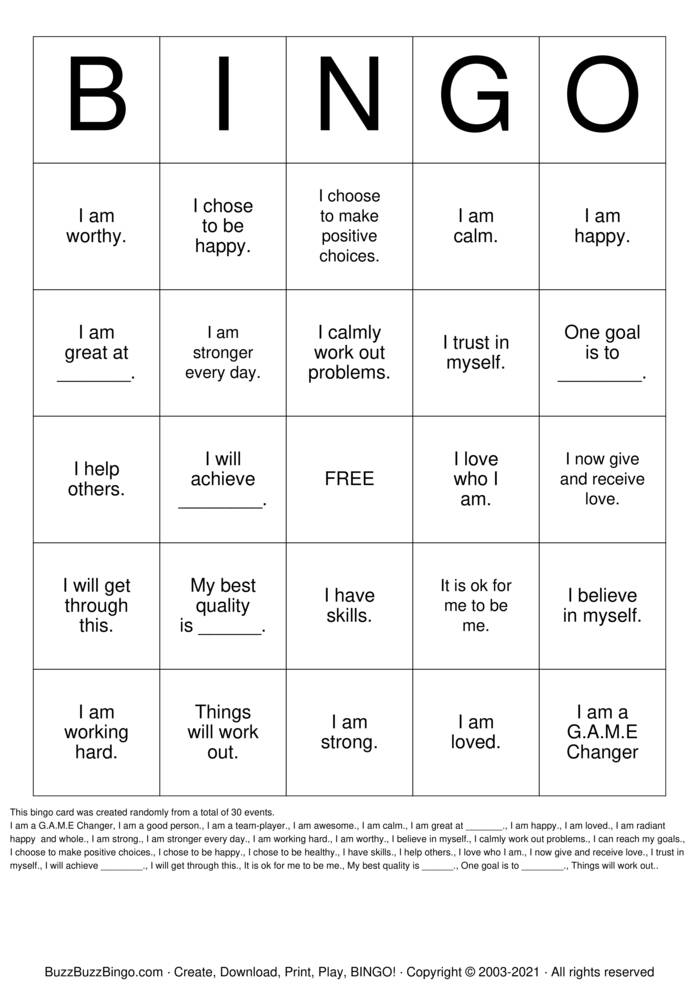 G.A.M.E. Changer Positive Affirmations Bingo Cards to Download, Print ...