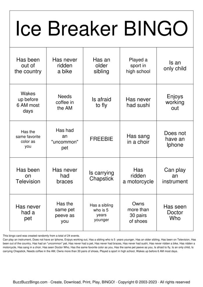 ICEBREAKER BINGO Bingo Cards to Download, Print and Customize!