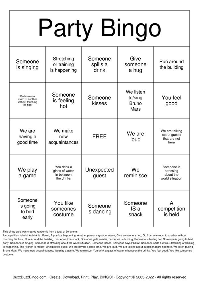 Party Bingo Bingo Cards to Download, Print and Customize!