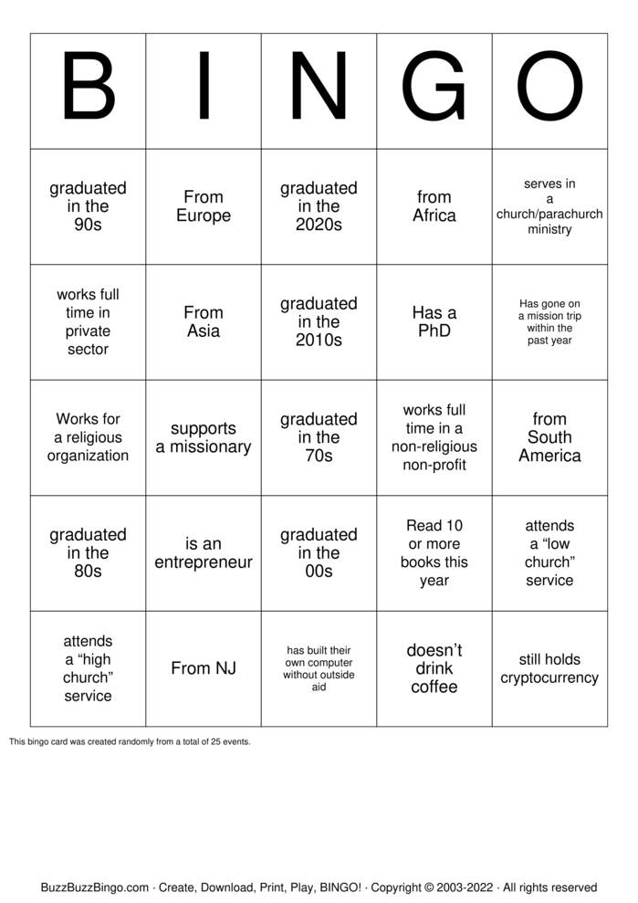 SCF Alumni People Bingo Bingo Cards to Download, Print and Customize!
