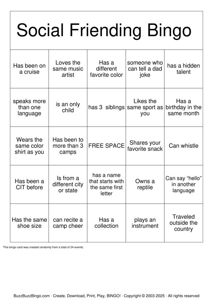 Social Friending Bingo Bingo Cards to Download, Print and Customize!