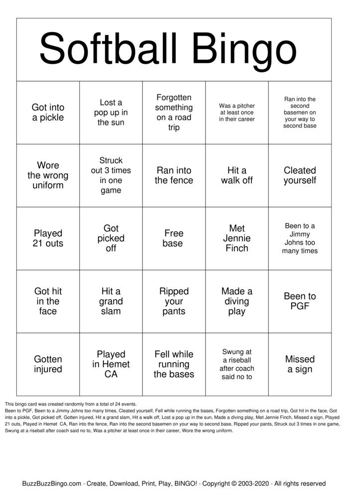 Softball Bingo Bingo Cards to Download, Print and Customize!