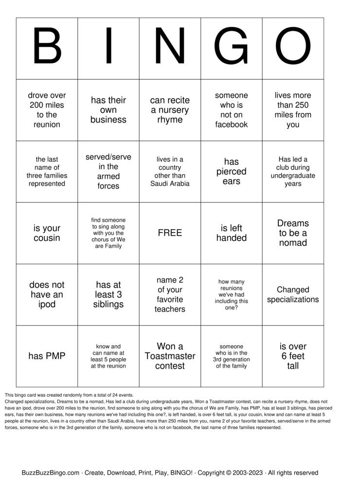 BHS 25th Class Reunion Bingo Cards to Download, Print and Customize!