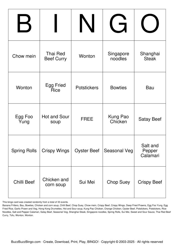 Chinese Food Bingo Cards to Download, Print and Customize!
