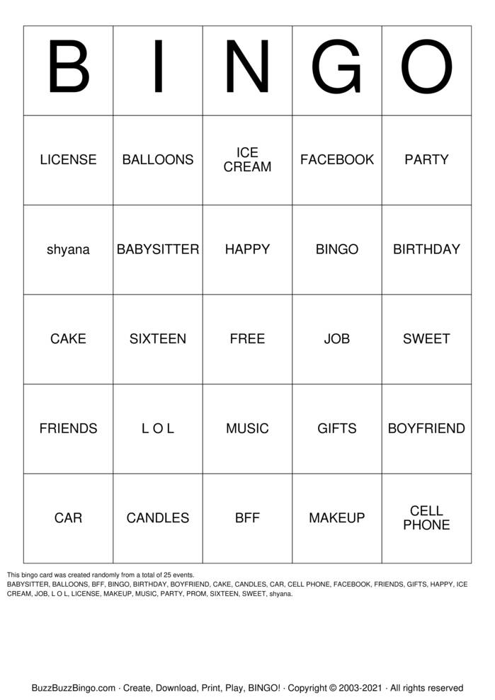 Elizabeth's Sweet 16 Bingo Bingo Cards to Download, Print and Customize!