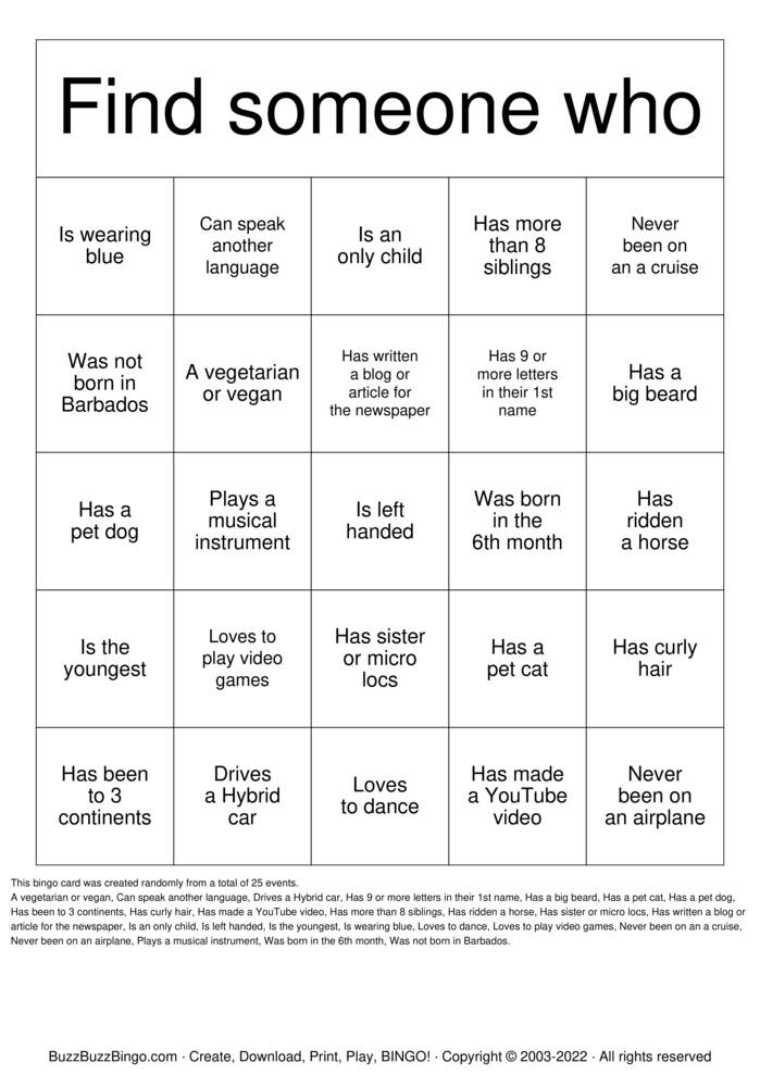 Find Someone Who... Bingo Cards to Download, Print and Customize!
